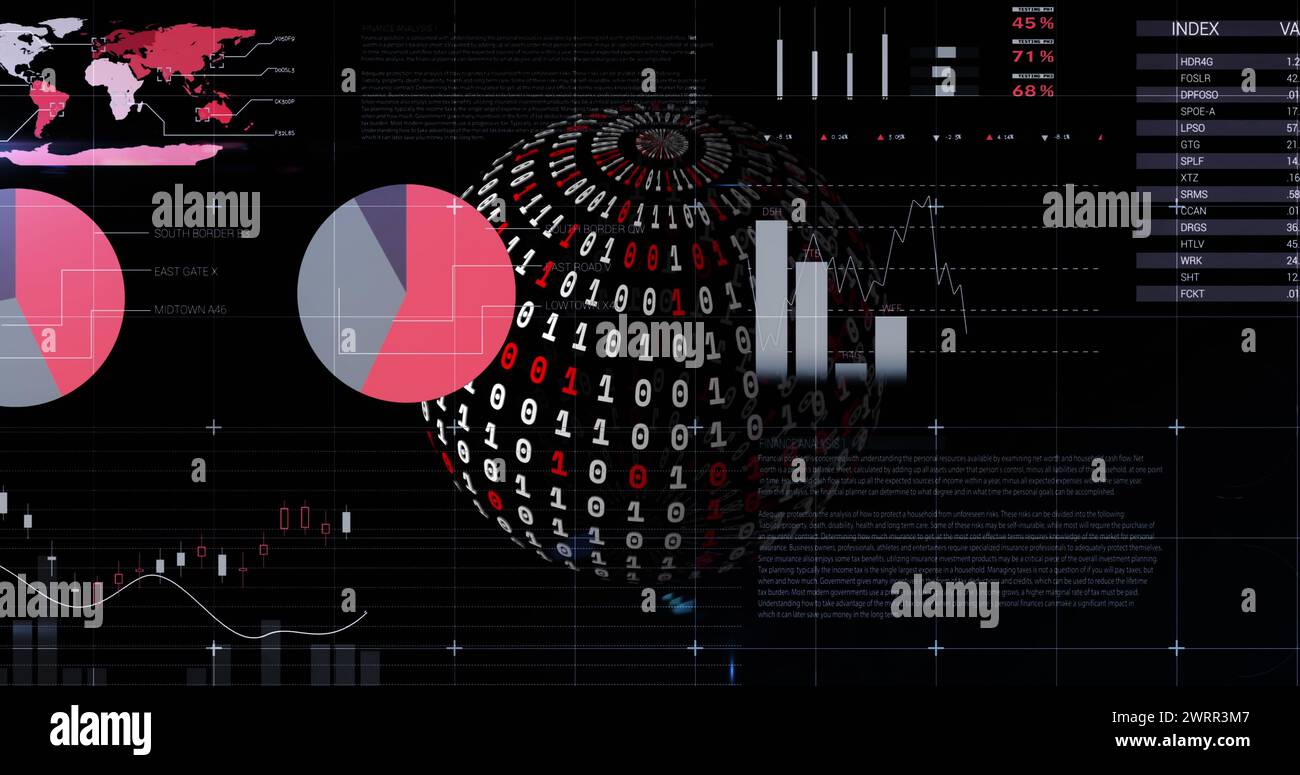 Image of data processing over globe with binary coding on black ...