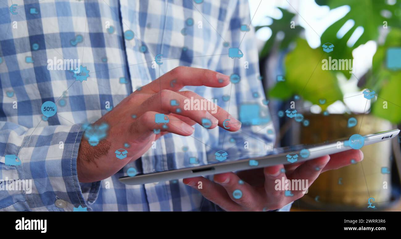 Image of digital interface with mail envelopes and social media icons ...