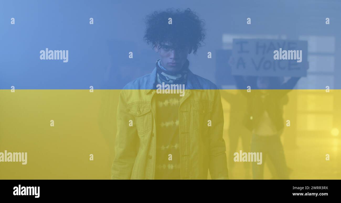 Image of flag of ukraine over african american male protester Stock ...