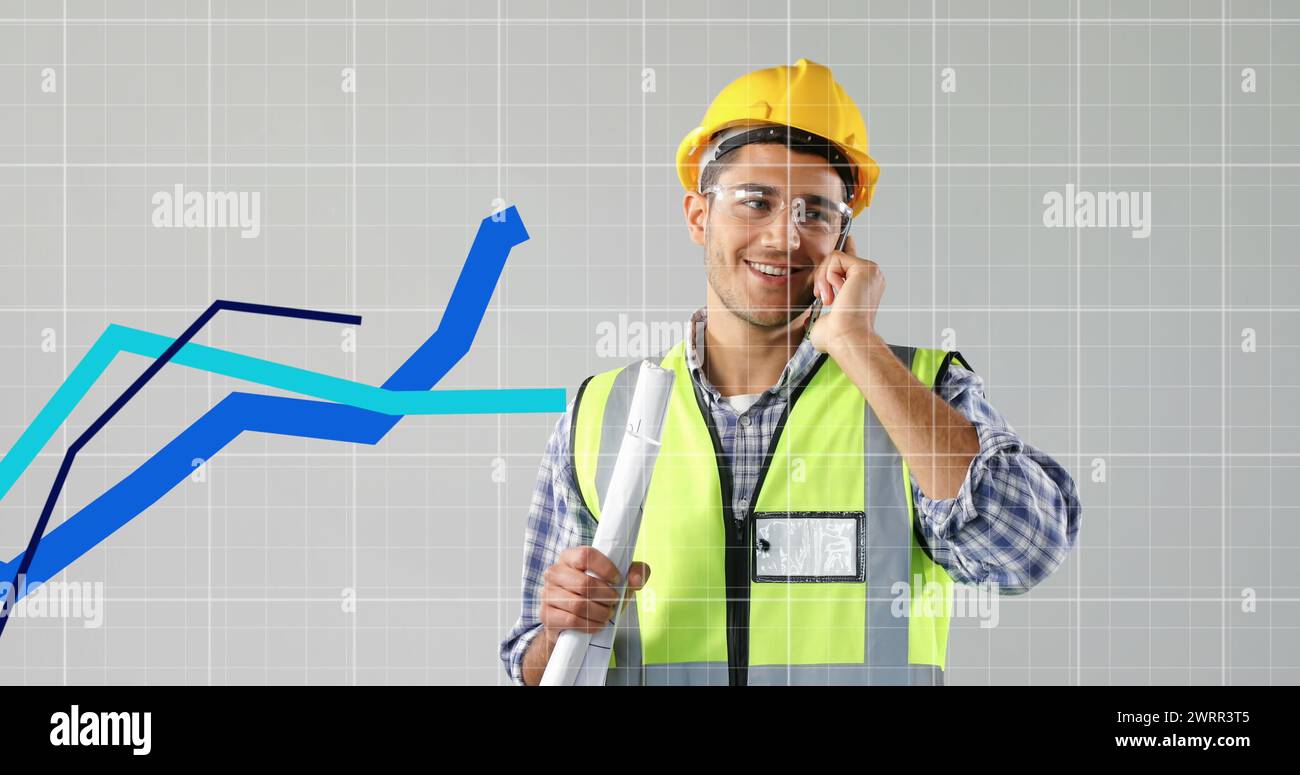 Digital interface with graphs overlays engineer discussing global ...