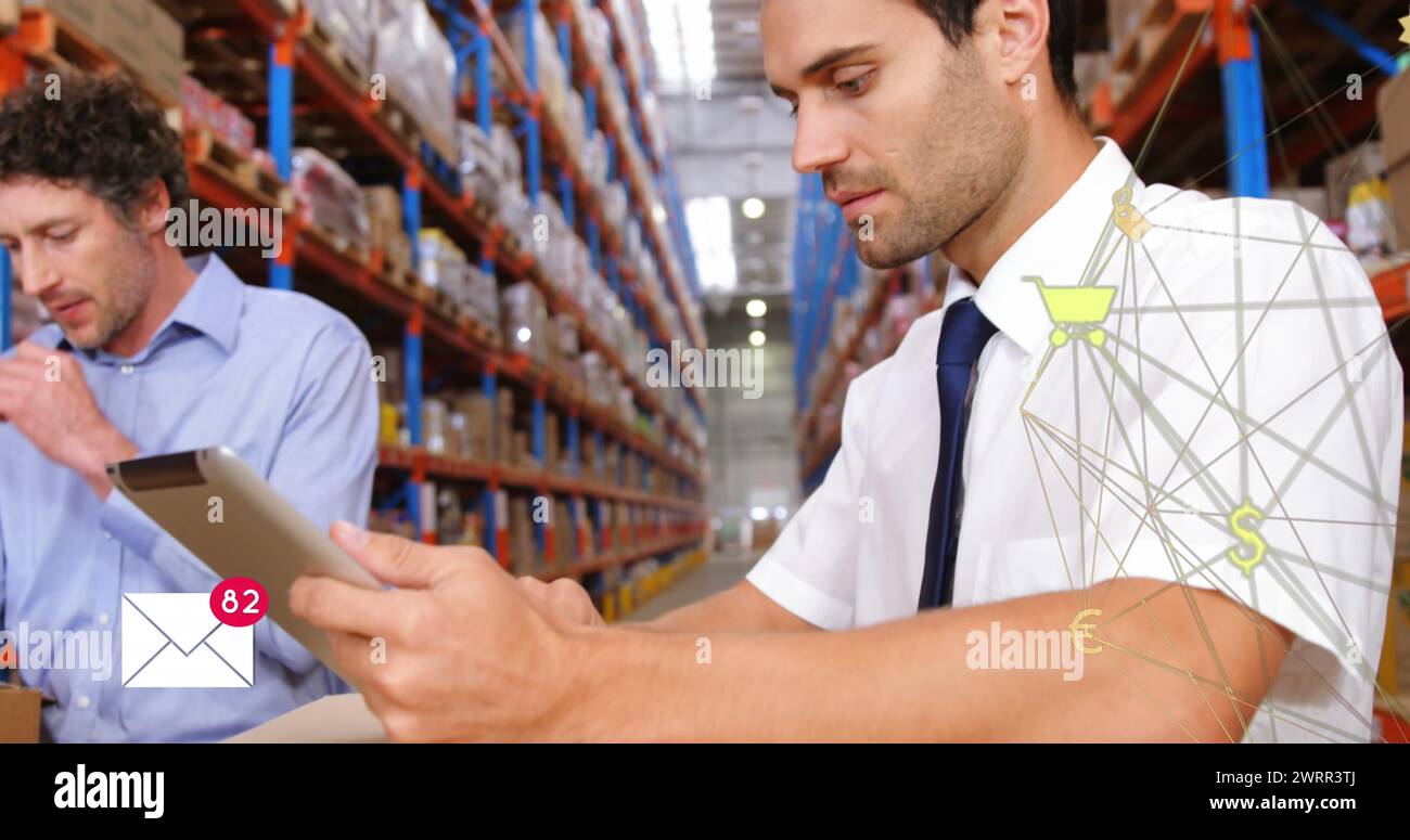 Digital interface connects two men counting stock in a global business ...