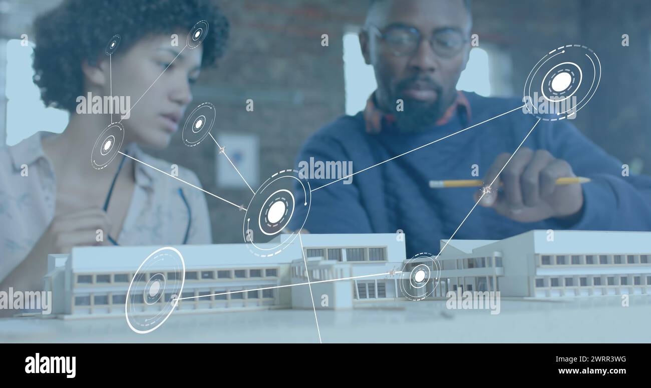 Image of network of connections over diverse colleagues discussing with ...