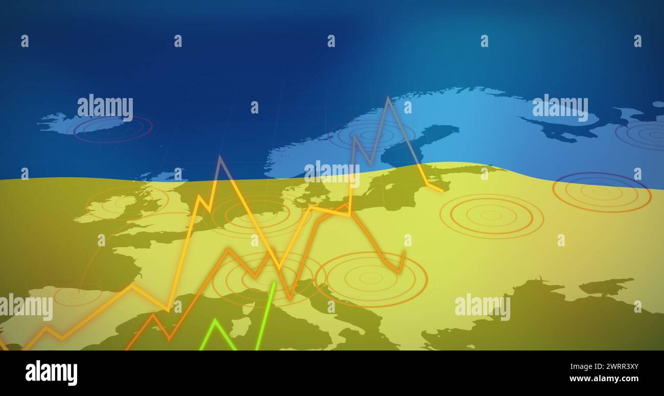 Image of financial data and graph over europe map and flag of ukraine ...