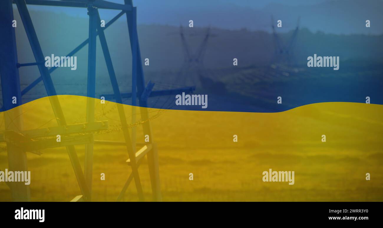 Image of flag of ukraine over field and electricity poles Stock Photo ...