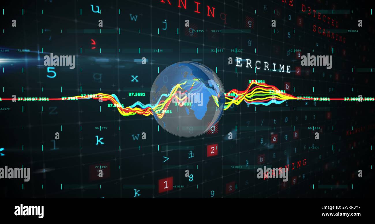 Colorful graph and spinning globe depict data processing on a digital ...