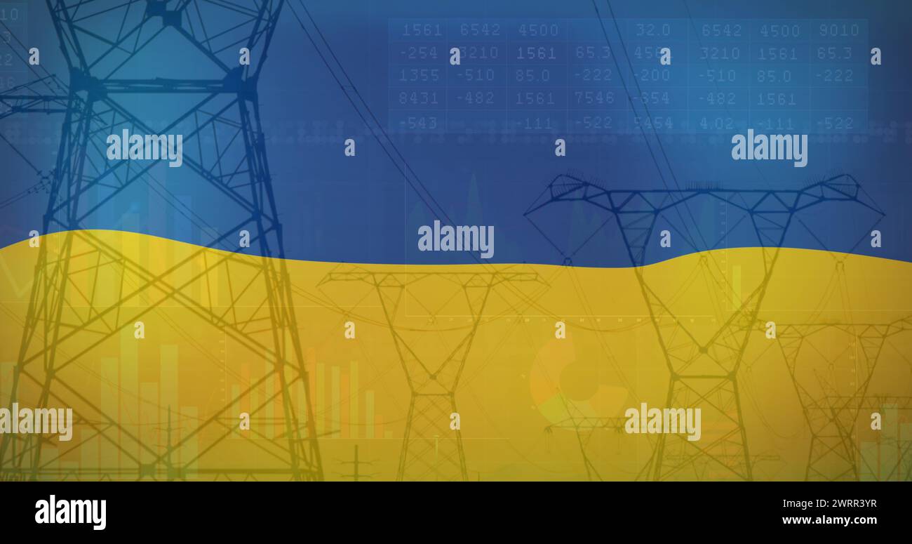 Image of flag of ukraine over field and electricity poles Stock Photo ...