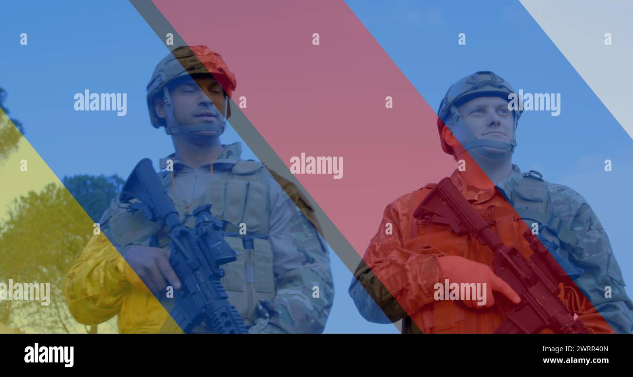 Image of flag of ukraine and russia over diverse male soldiers with ...