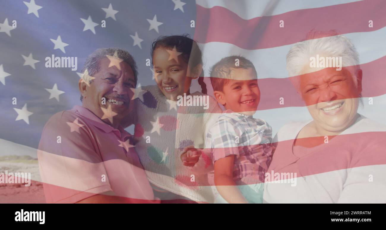 Image of flag of united states of america over biracial couple with ...