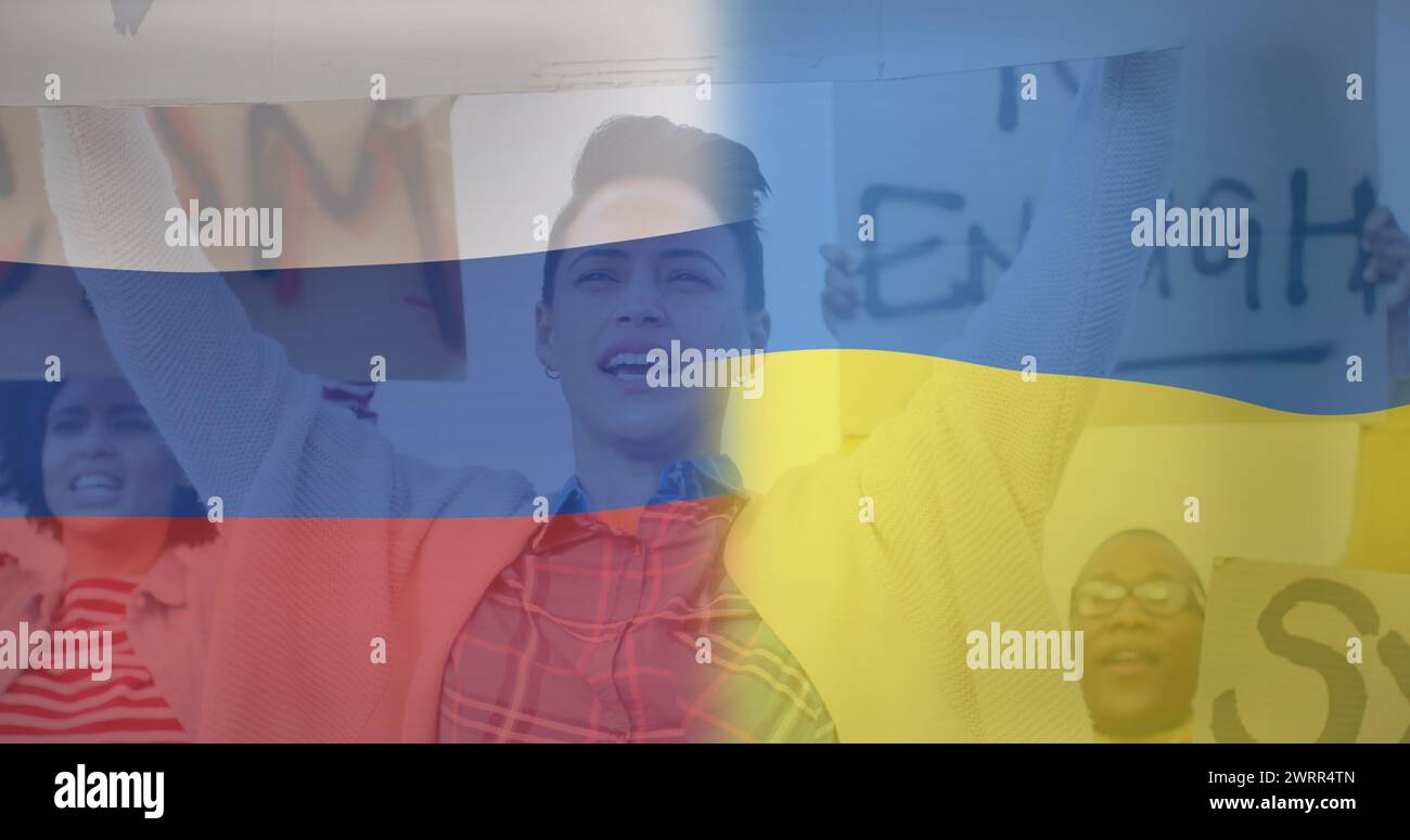 Image of flag of ukraine and russia over diverse female and male ...