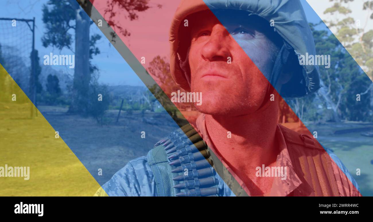 Image of flag of ukraine and russia over caucasian soldier with weapon ...