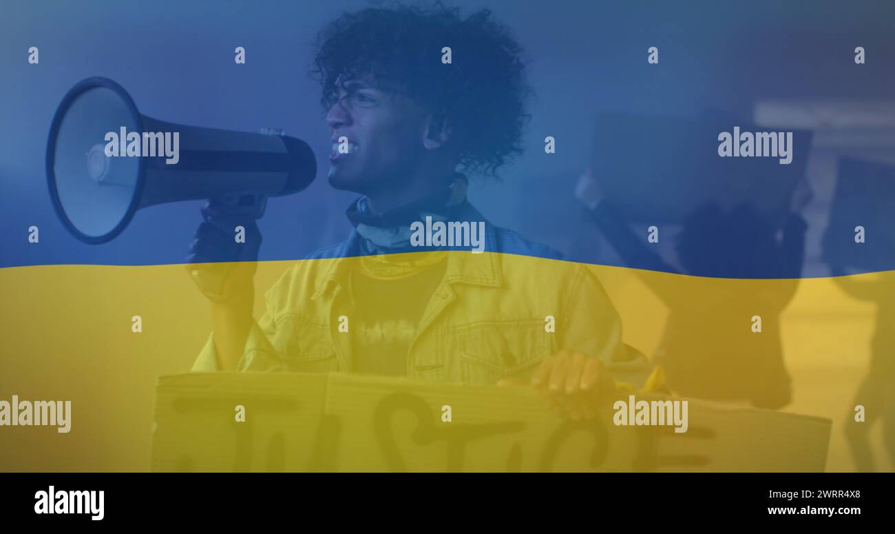 Image of flag of ukraine over african american male protester Stock ...