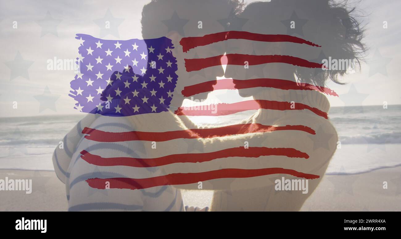 Image of flag of united states of america over biracial couple in love ...