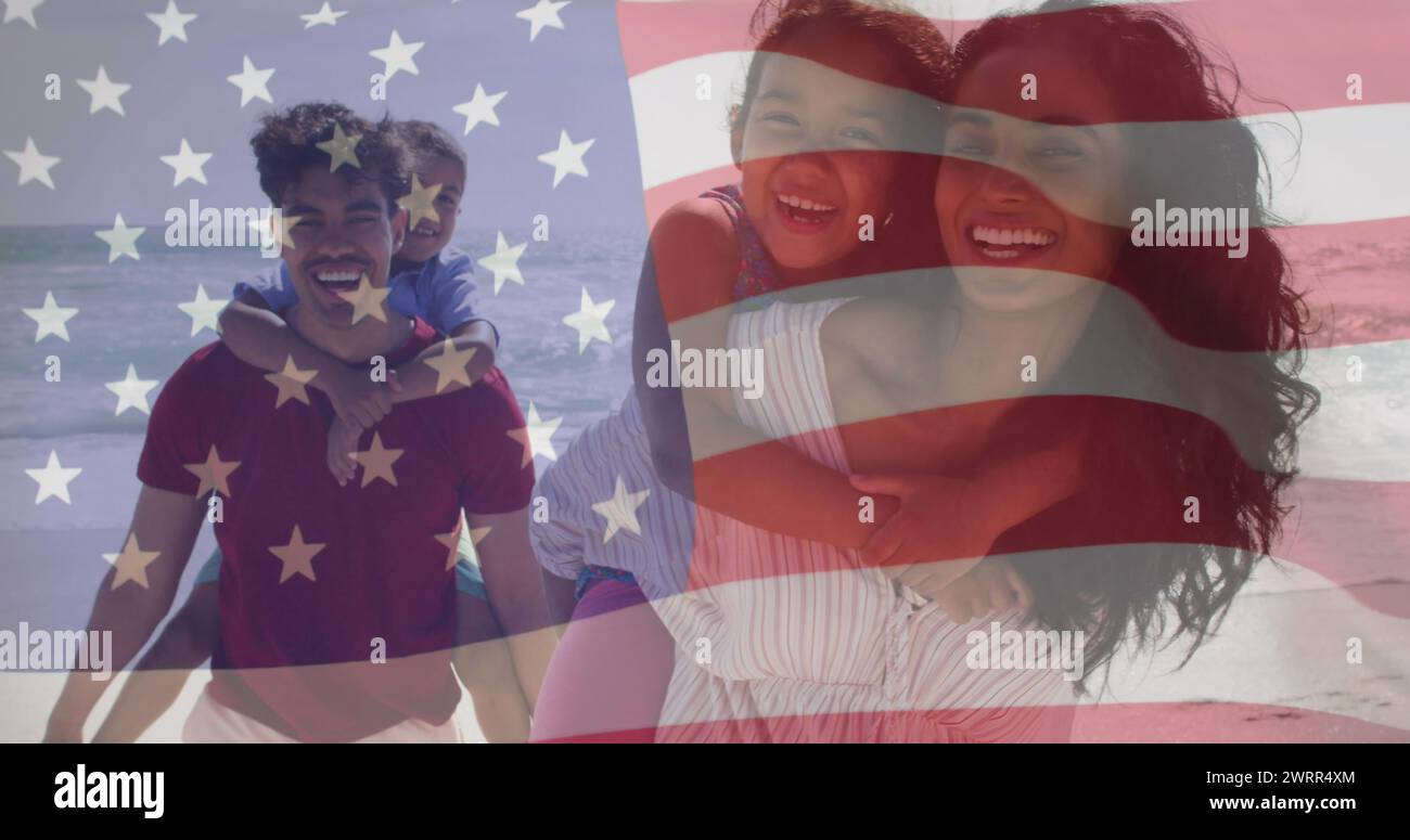 Image of flag of united states of america over biracial couple carrying ...