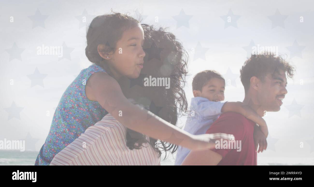 Image of flag of united states of america over biracial couple with son ...