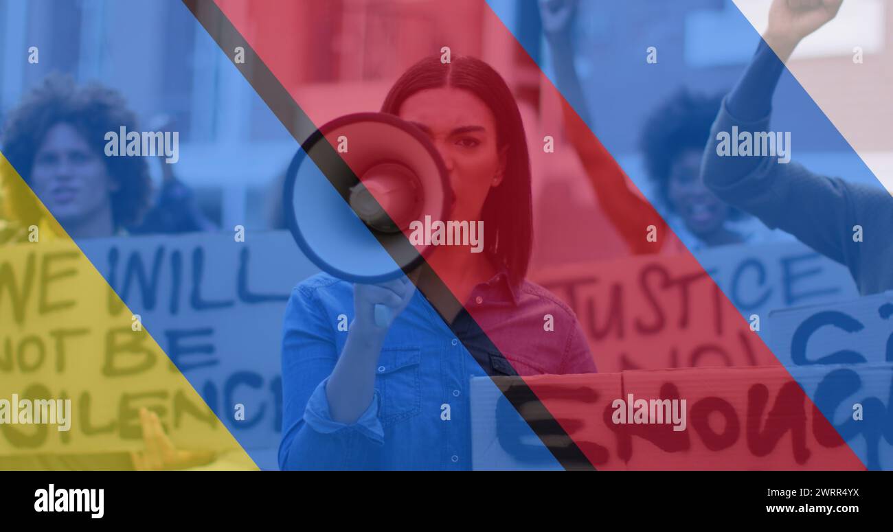 Image of flag of ukraine and russia over caucasian female protester ...