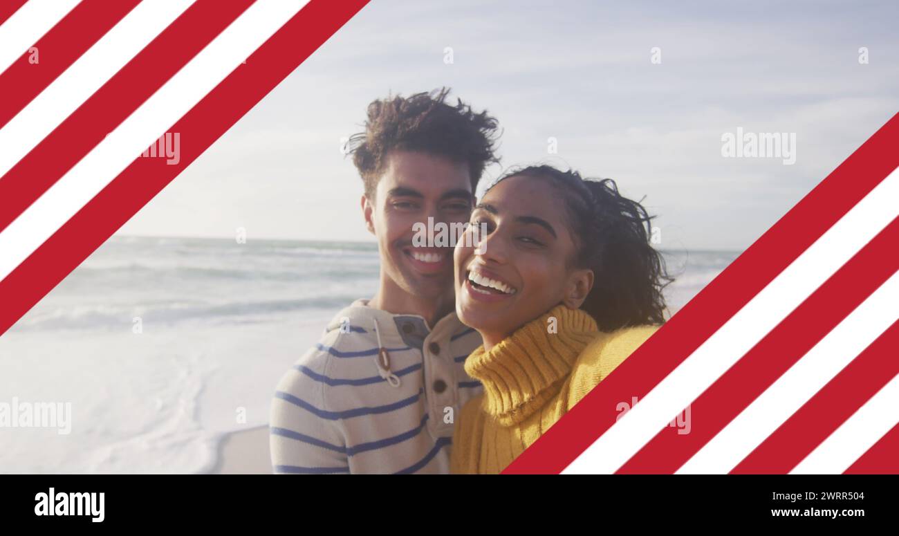 Image of flag of united states of america over biracial couple kissing ...