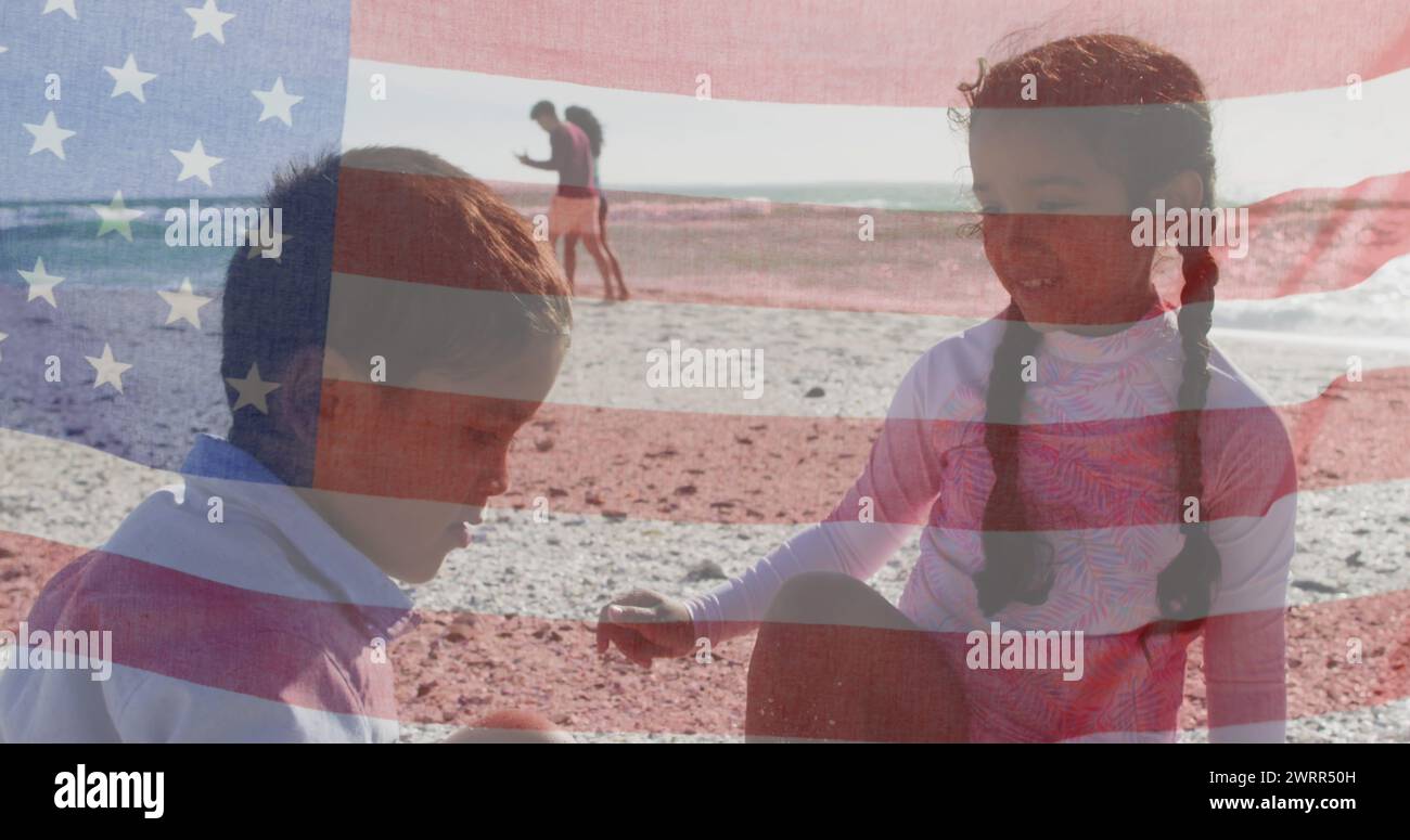 Image of flag of united states of america over biracial couple with ...
