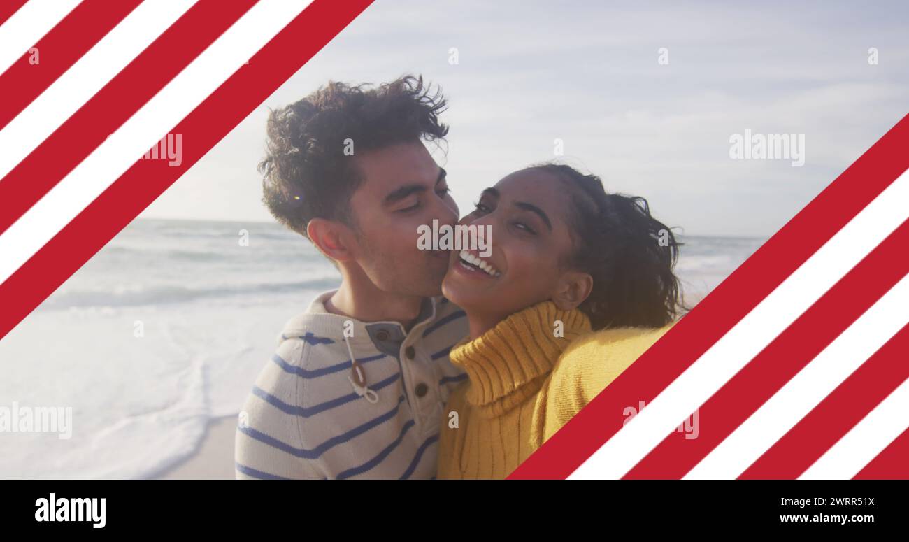 Image of flag of united states of america over biracial couple kissing ...