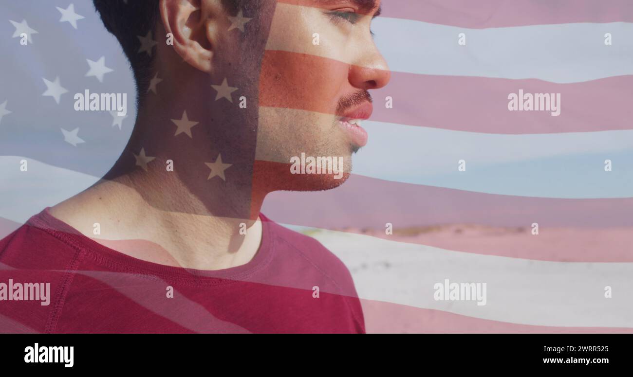 Image of flag of united states of america and biracial man on beach ...