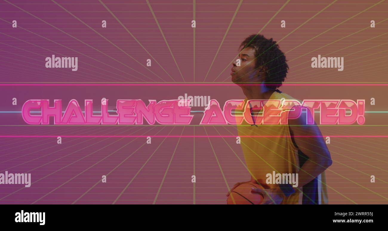 Image of challenge accepted text over neon pattern and biracial ...