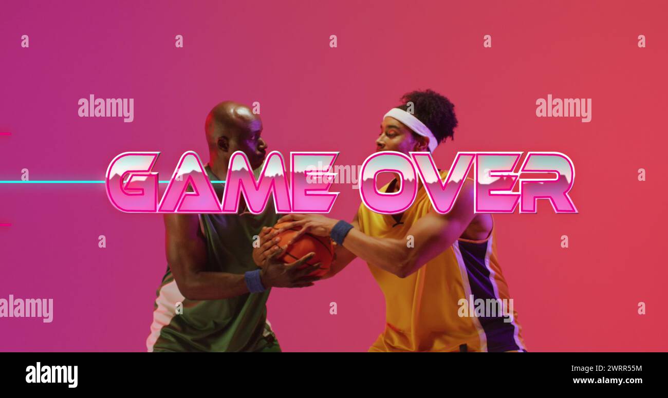 Image of game over text over neon pattern and divers basketball players ...