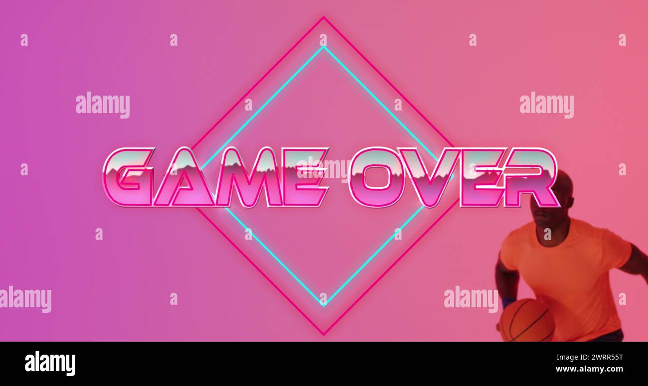 Image of game over text over neon pattern and african american ...
