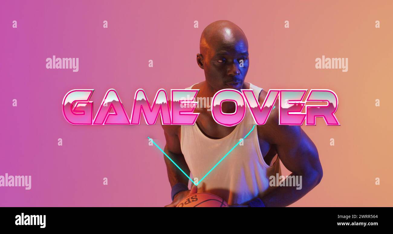 Image of game over text over neon pattern and african american ...