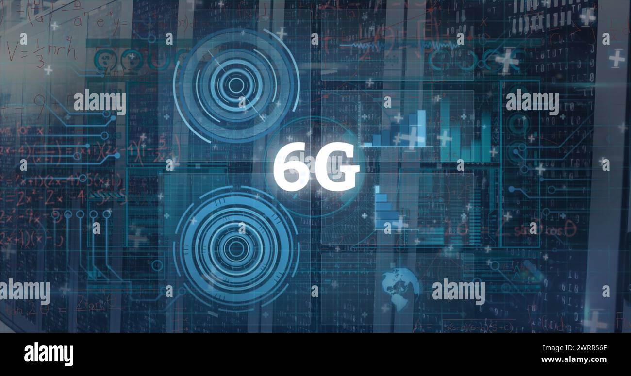 Image of 6g text, scopes scanning and data processing over computer ...