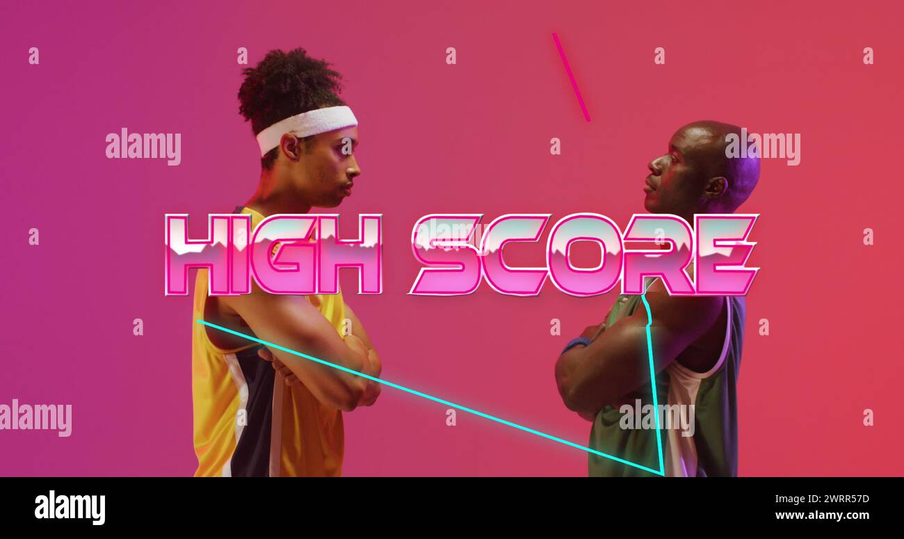 Image of high score text over neon pattern and diverse basketball ...