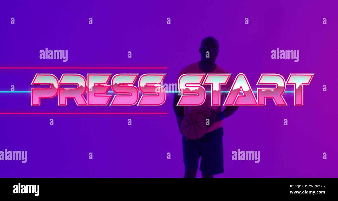 Image of press start text over neon pattern and african american ...