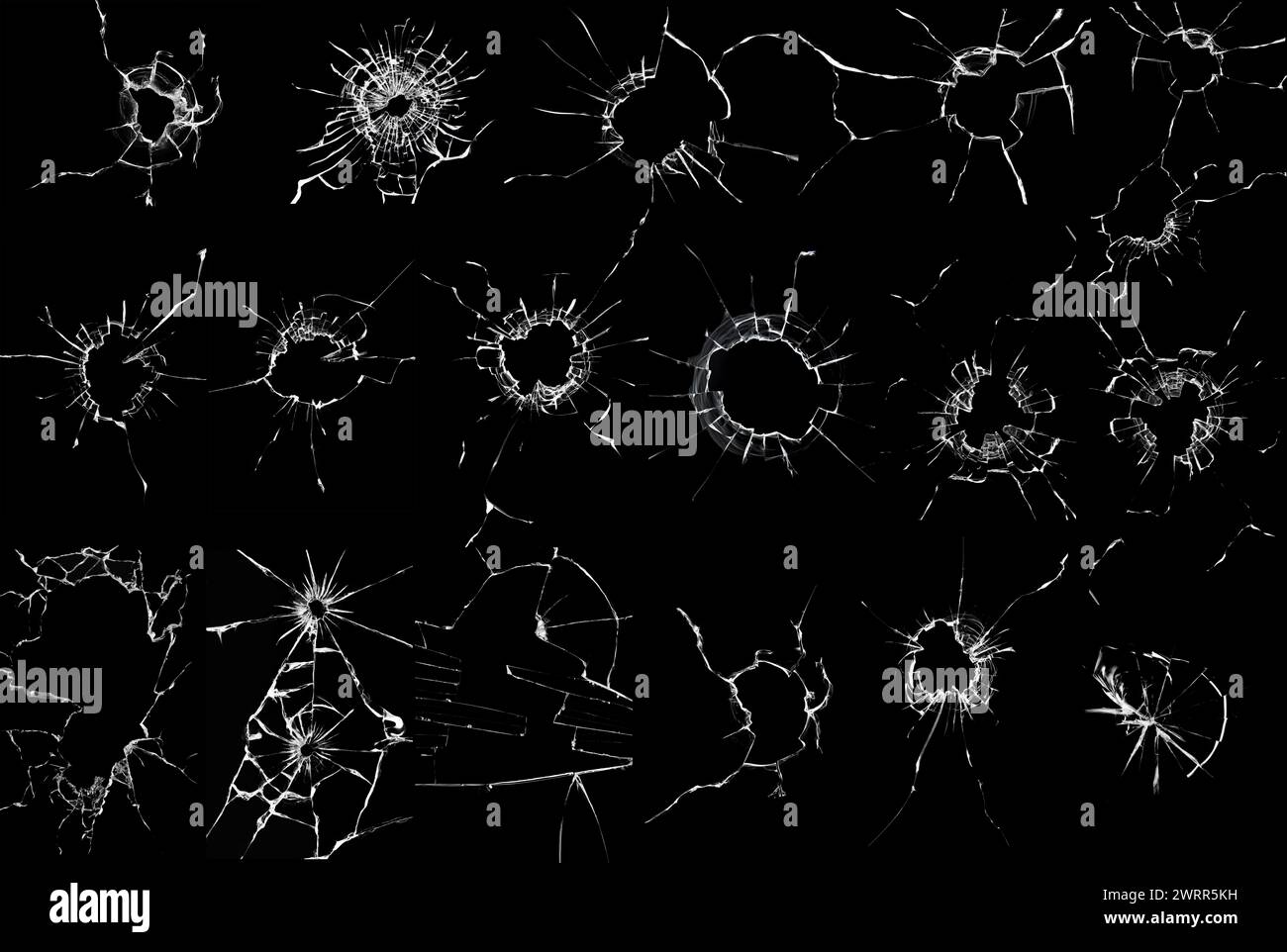 Set of cracked and chipped broken glass on black background. Abstract ...
