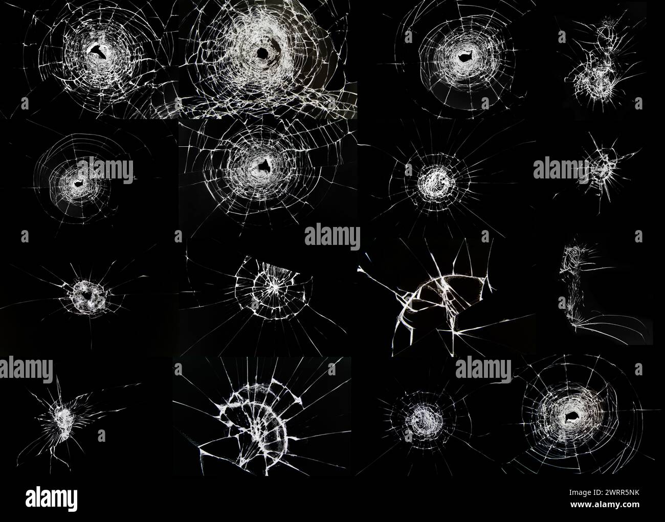 Set of cracked and chipped broken glass on black background. Abstract ...