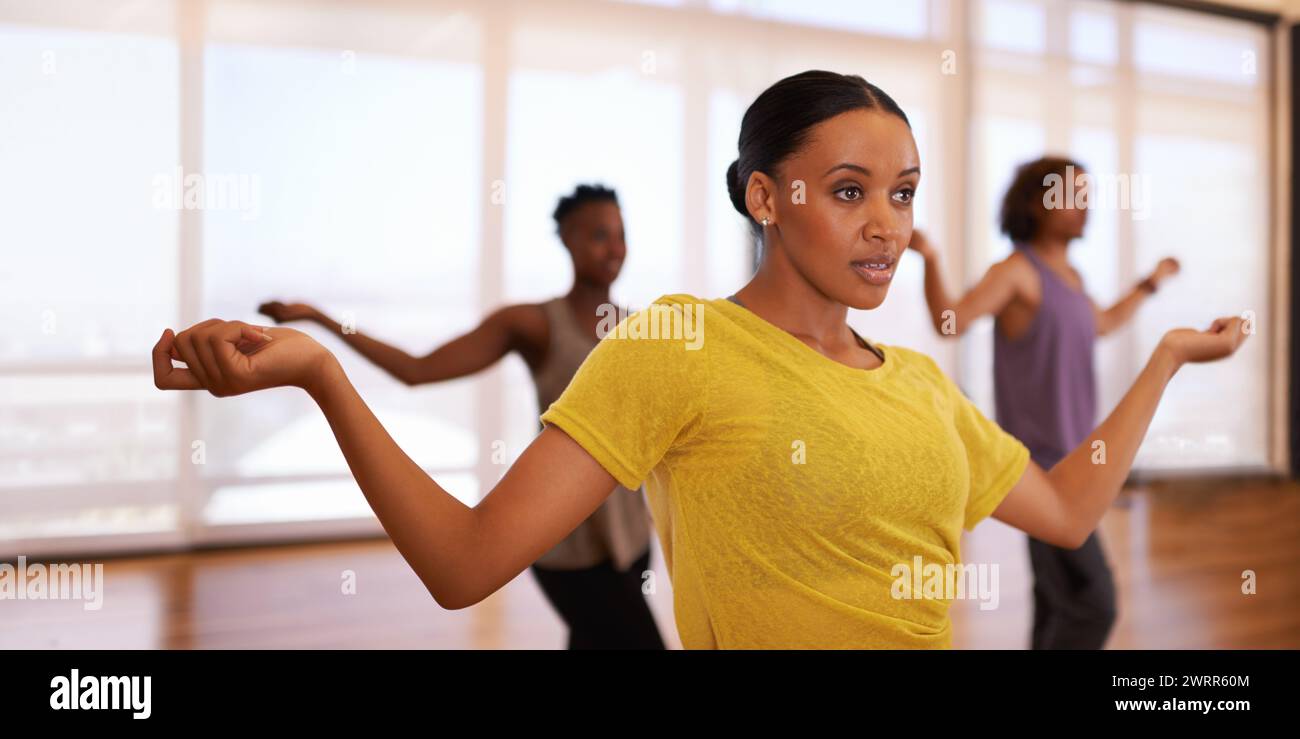 Dancer, woman and training for learning, exercise and fitness in a ...