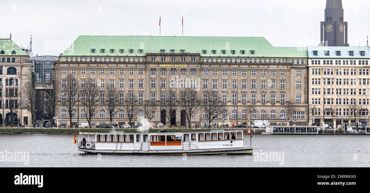 Hamburg, Germany. 13th Mar, 2024. An Alster steamer sails past the Hapag-Lloyd headquarters ...