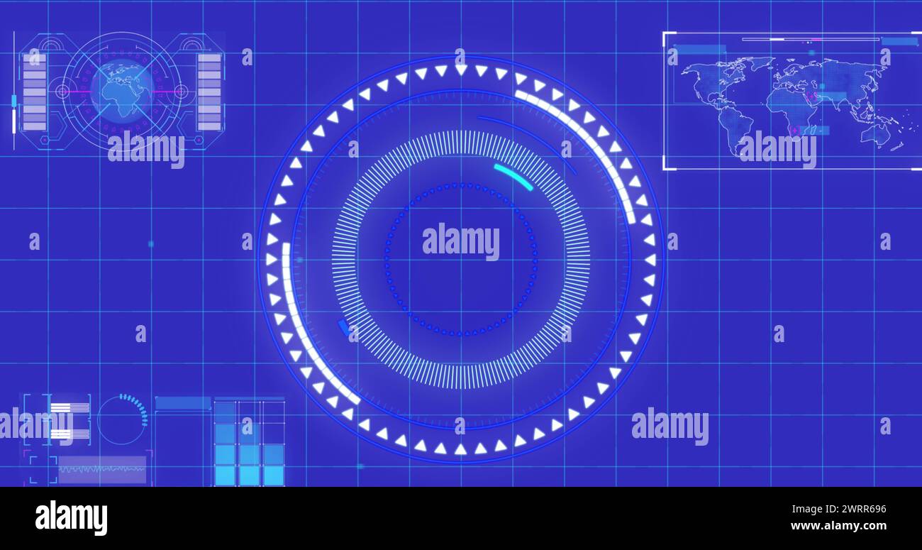 Image of circular scope scanning with world maps and information on ...