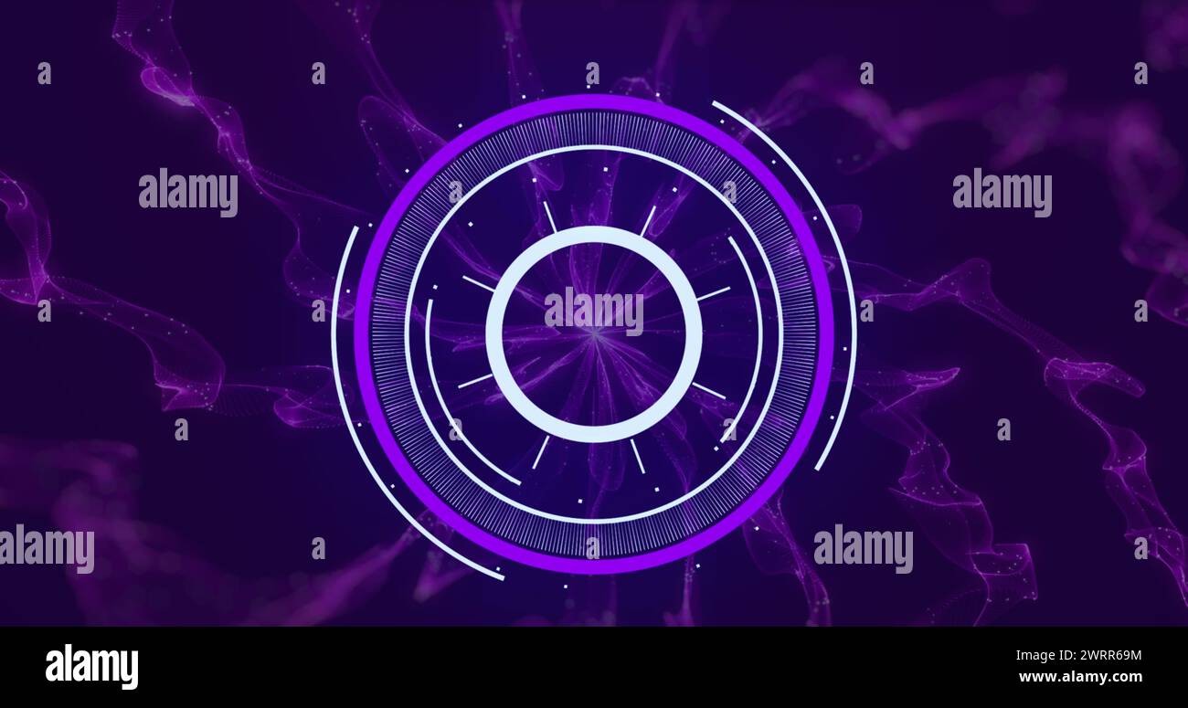 Neon purple round scanner against digital waves on purple background ...