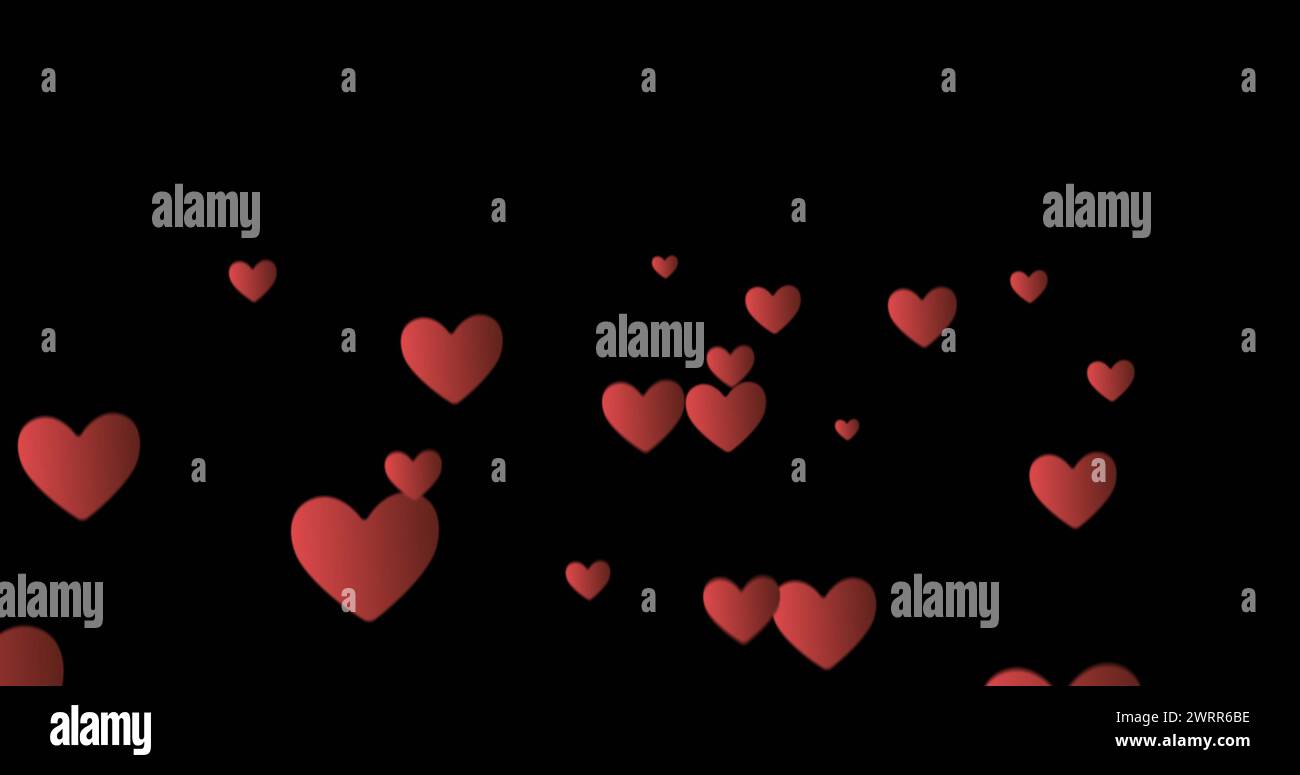 Digital image of red heart icons moving upwards in the black background ...
