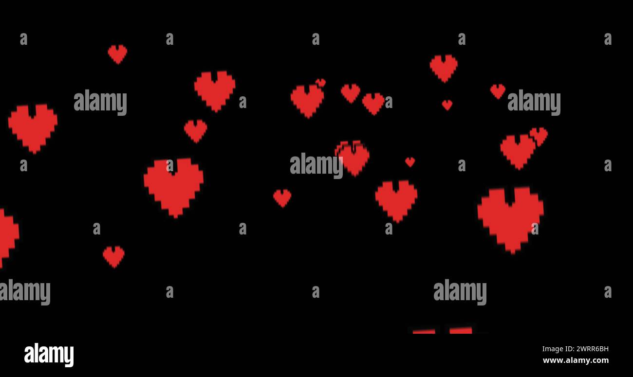 Digital image of red heart pixel icons moving upwards in the black ...