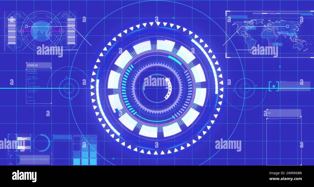 Image of circular scope scanning with world maps and information on ...