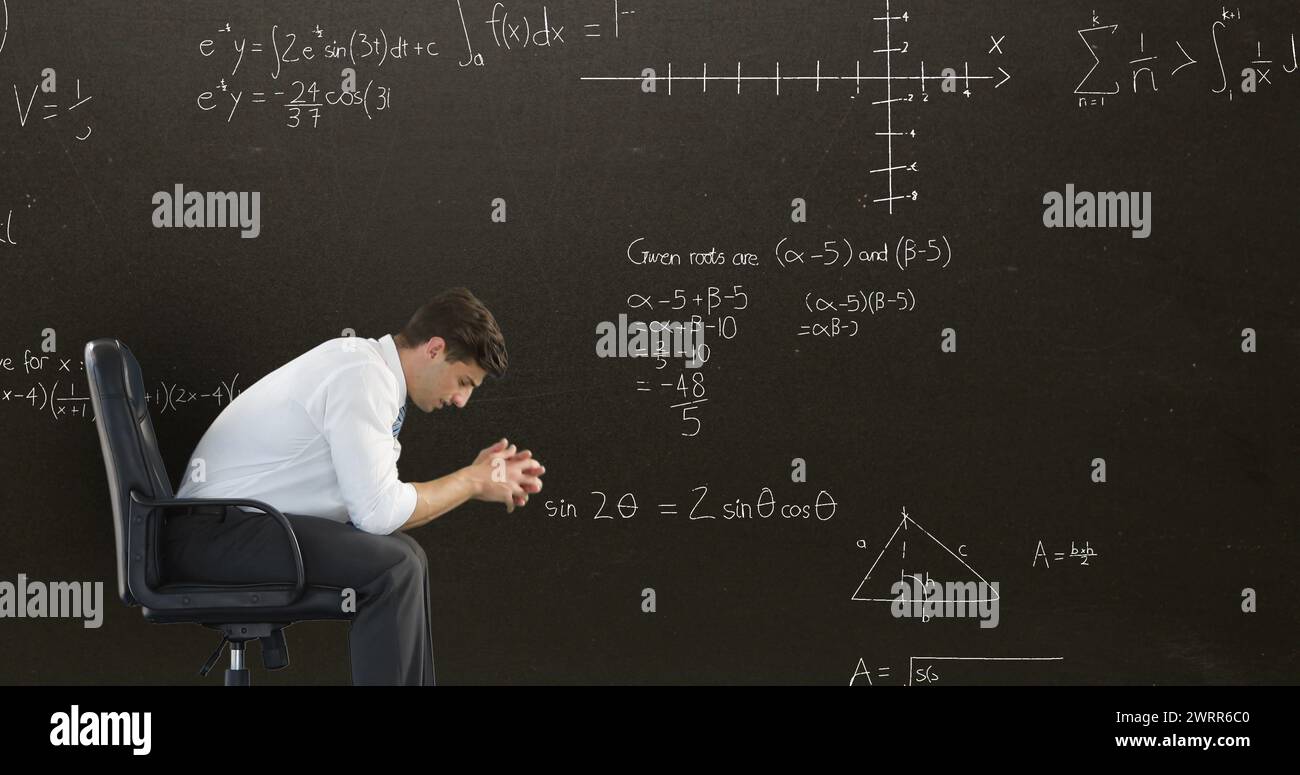 Disappointed man with math equations in dark background for back to ...