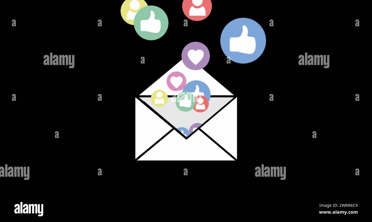 Digital 4k image shows an envelope releasing colorful social media ...
