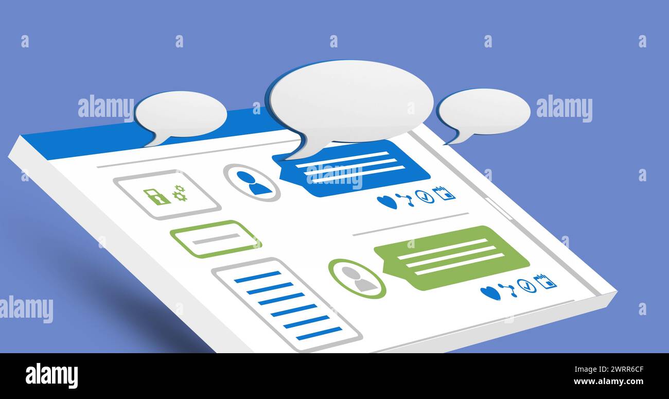 White message bubble icons hover above a tablet with a blue interface ...