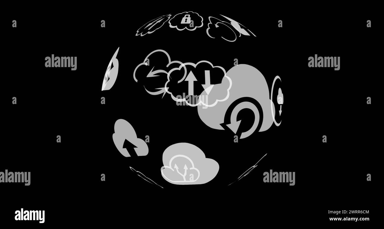 4K digital image displays rotating cloud icons with arrows on a black ...