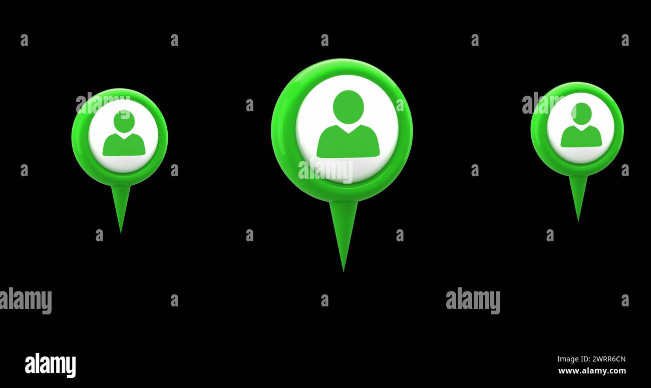 Digital image of green map pins with profile icon in the middle ...
