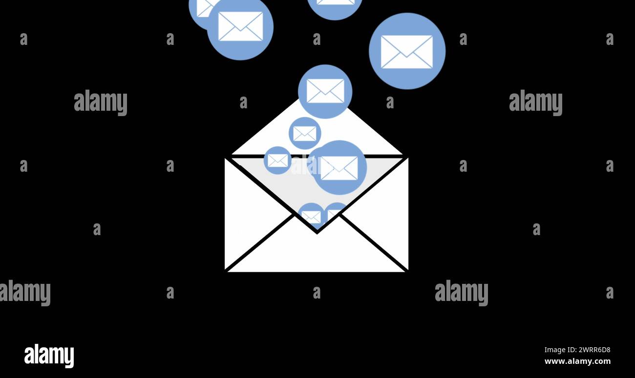 Digital image of a white message envelope opening to let out blue ...