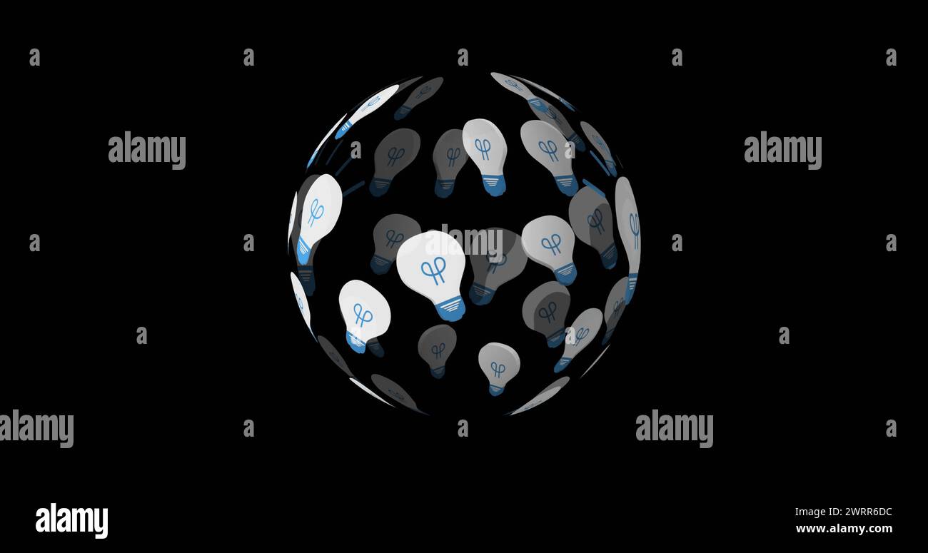 Digital image of light bulb icons arranged in a sphere rotating against ...