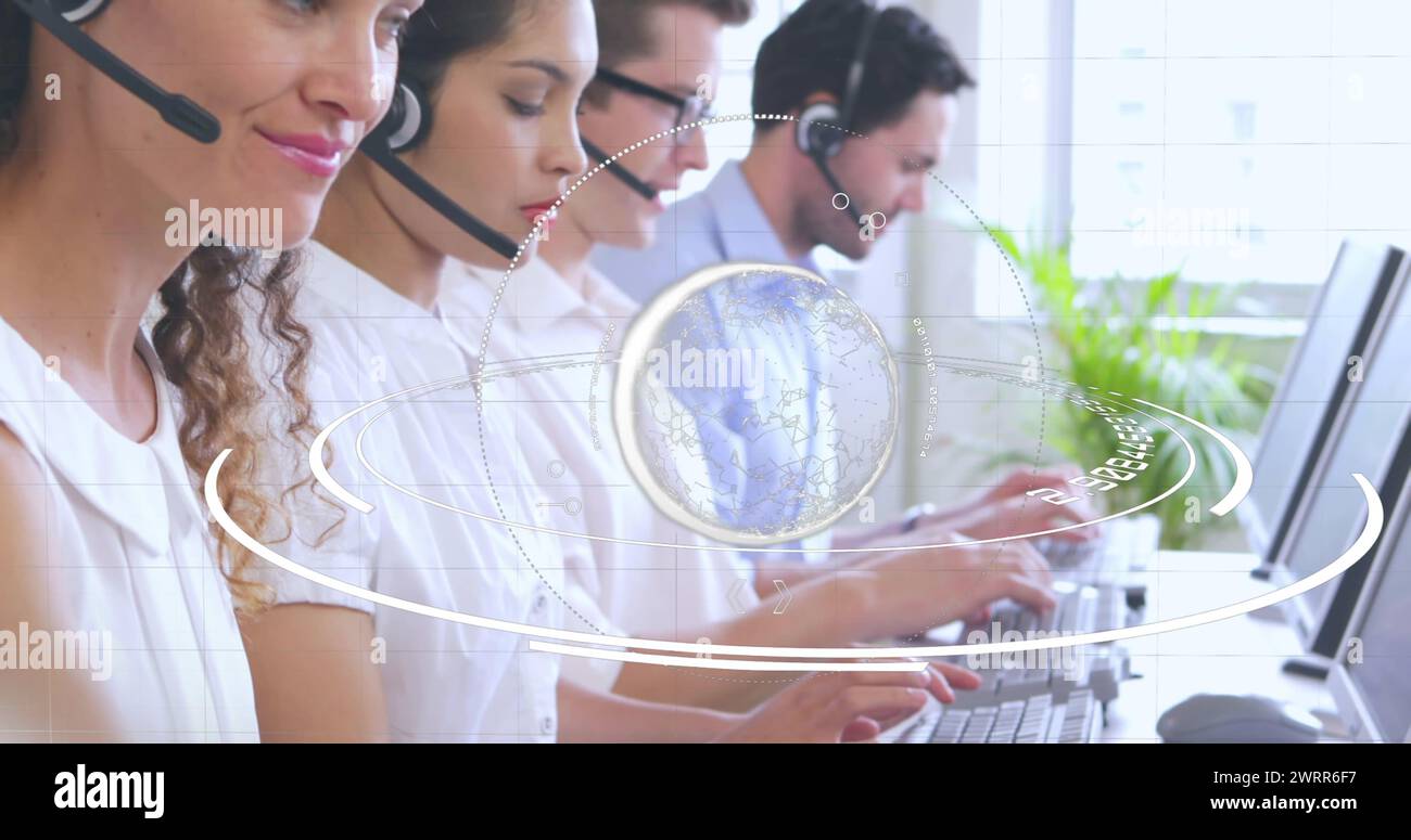 Diverse call center reps work with futuristic interface in 4k digital ...