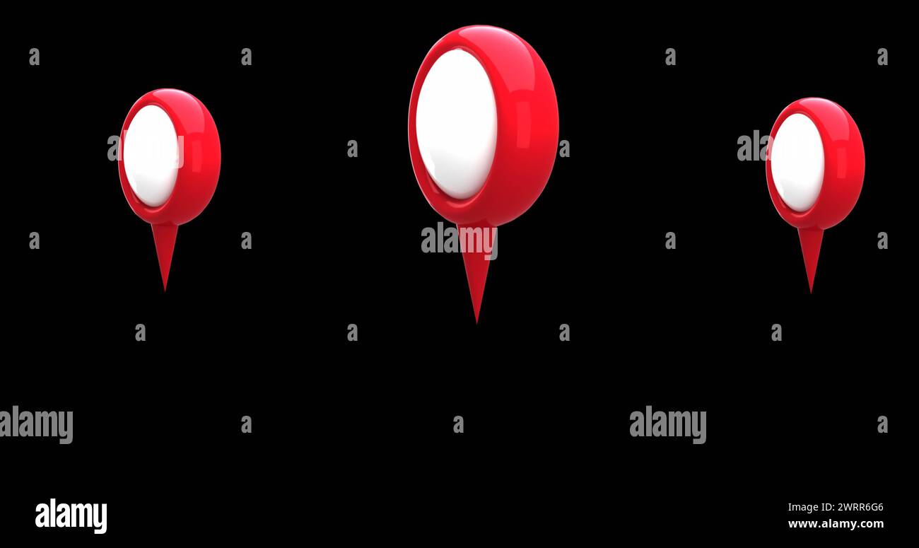 Digital image of red map pins moving in the screen against a black ...