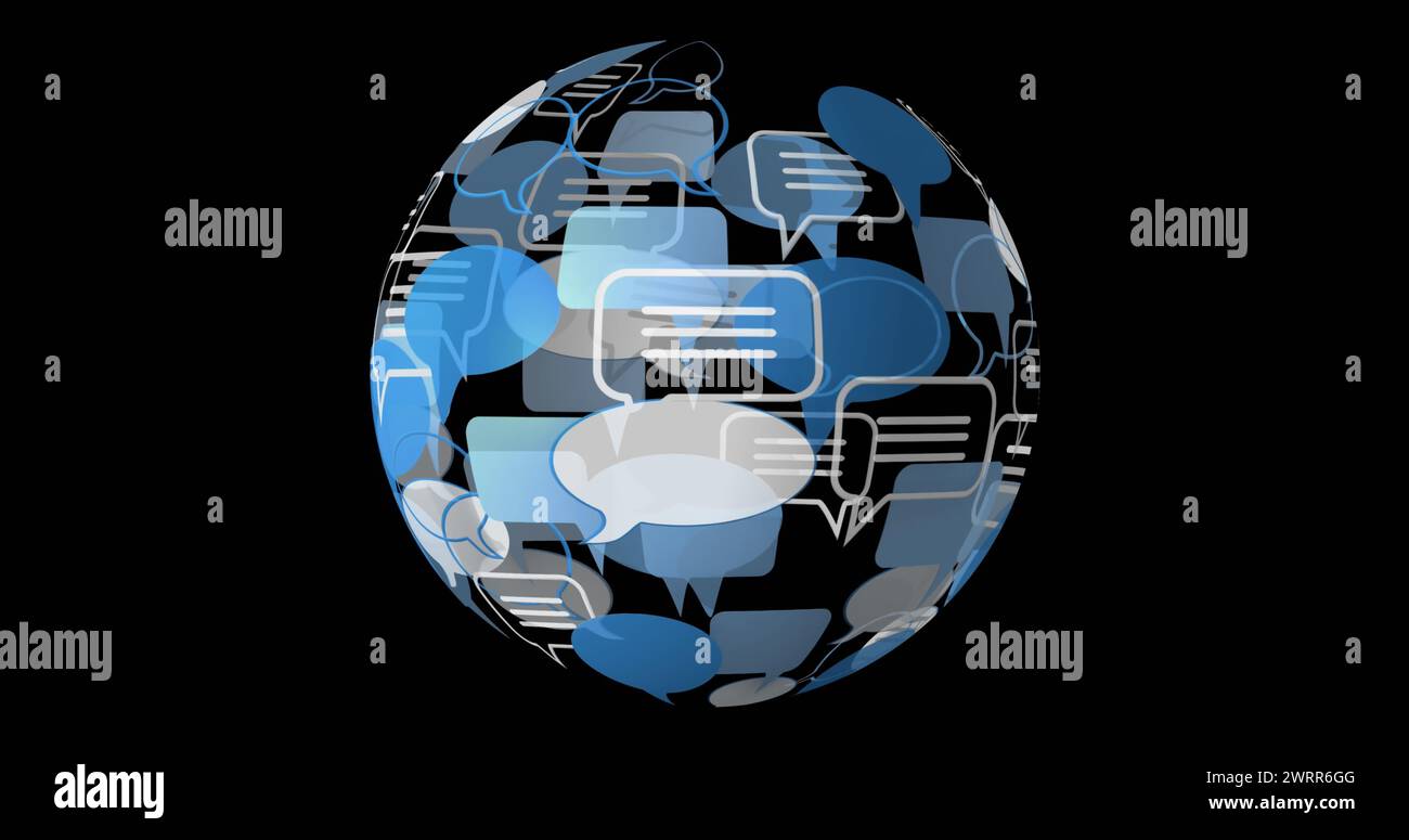 Digital image of message bubble icons arranged spherically rotating ...