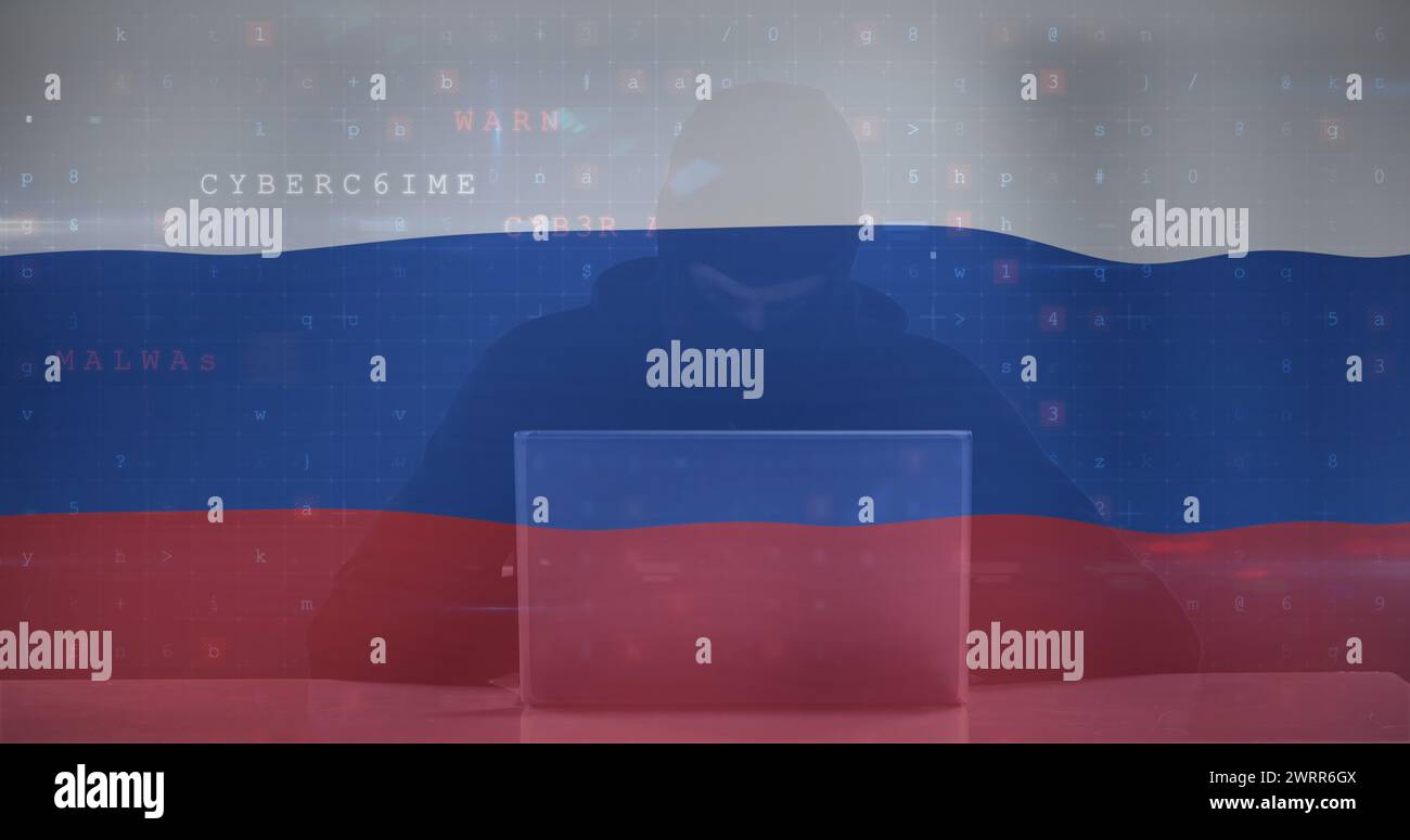 Image of caucasian male hacker over flag of russia Stock Photo - Alamy